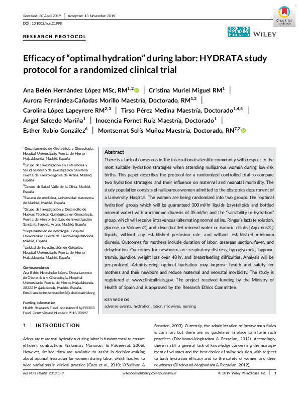 (PDF) Efficacy of “optimal hydration” during labor: HYDRATA study ...