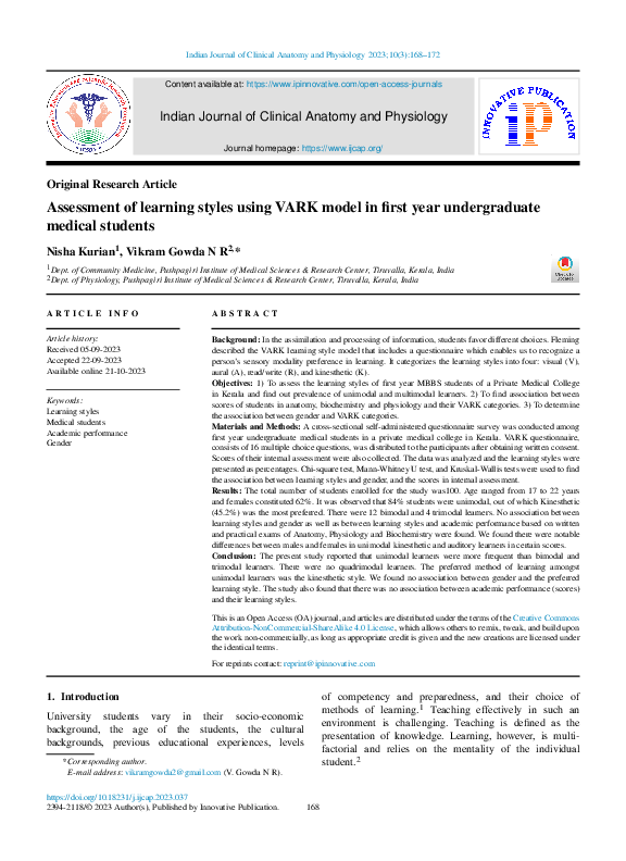 (PDF) Assessment of learning styles using VARK model in first year undergraduate medical students