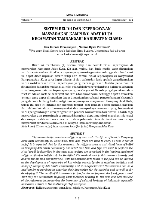 (PDF) Sistem Religi dan Kepercayaan Masyarakat Kampung Adat Kuta ...