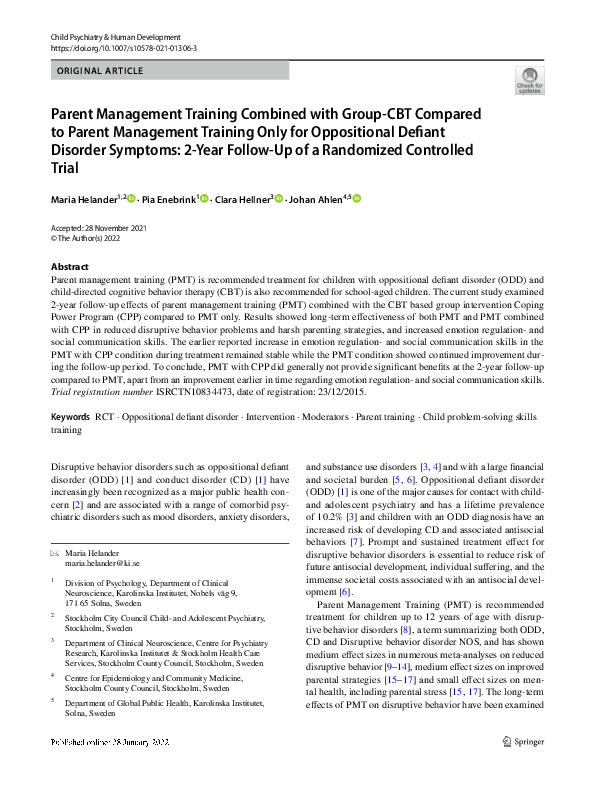(PDF) Parent Management Training Combined with Group-CBT Compared to ...