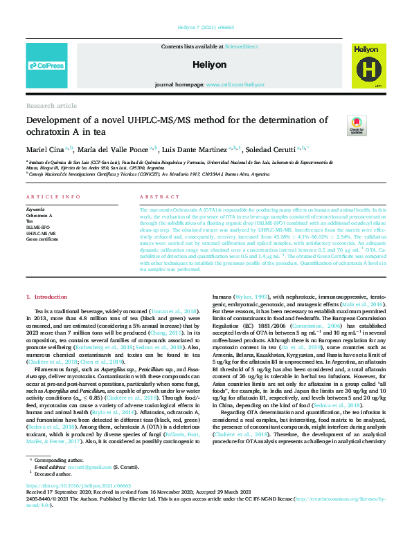 (PDF) Development of a novel UHPLC-MS/MS method for the determination of ochratoxin A in tea