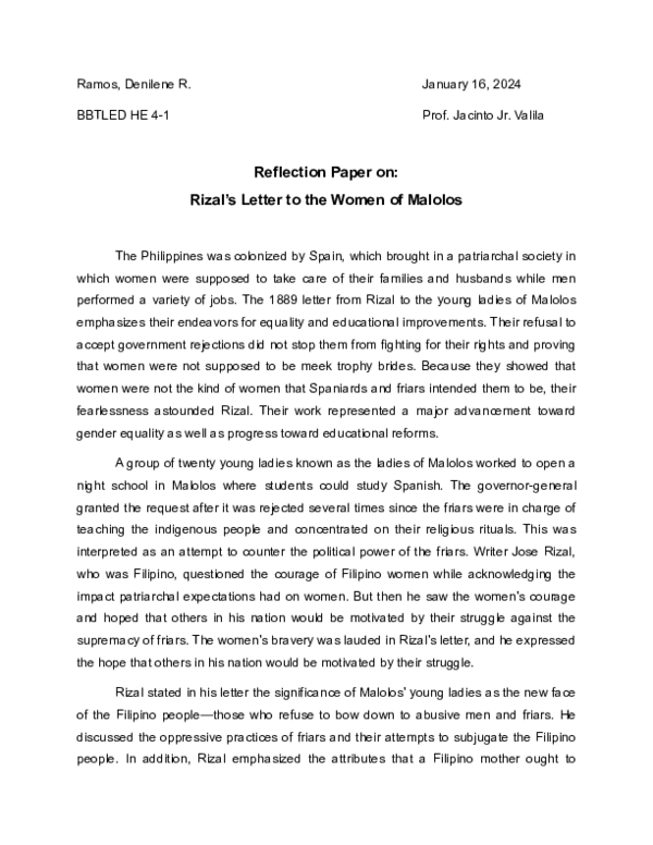 (PDF) A Reflection Paper on "Rizal's Letter to the Women of Malolos"