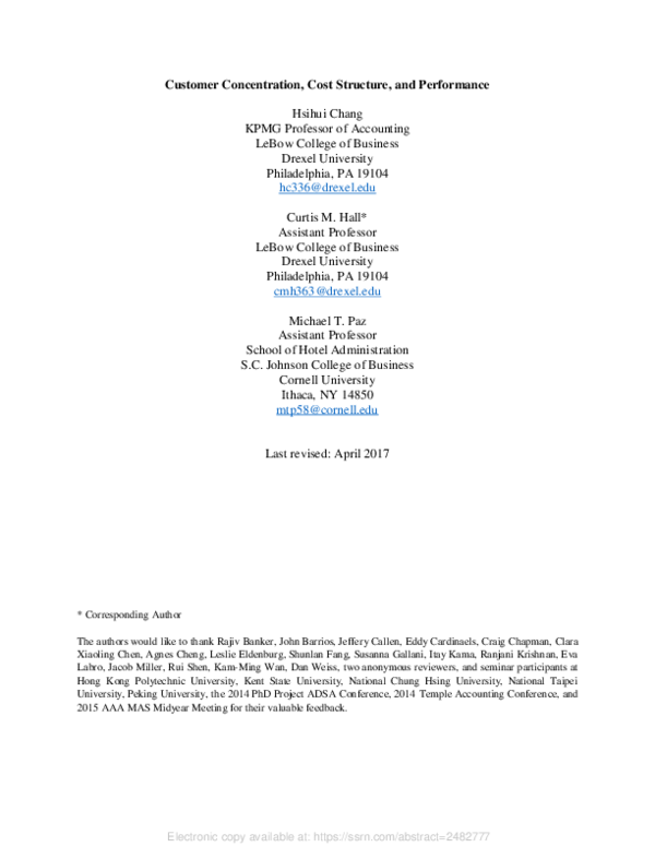 (PDF) Customer Concentration, Cost Structure, and Performance
