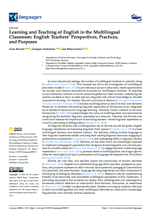 (PDF) Learning and Teaching of English in the Multilingual Classroom: English Teachers ...