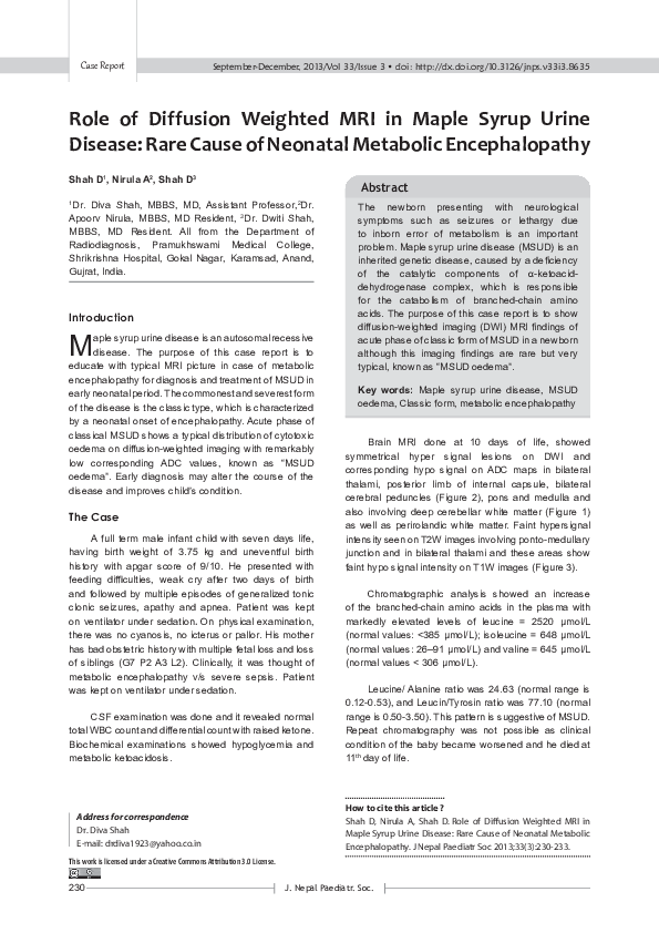 (PDF) Role of Diffusion Weighted MRI in Maple Syrup Urine Disease: Rare ...