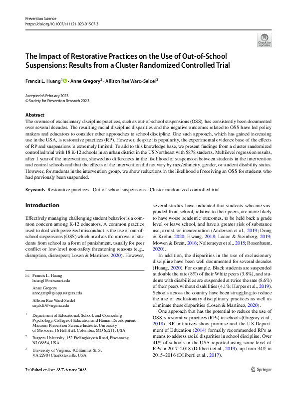 (PDF) Restorative Practices' Effects on Out-of-School Suspensions