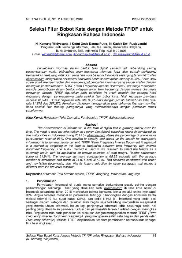 (PDF) Seleksi Fitur Bobot Kata dengan Metode TFIDF untuk Ringkasan Bahasa Indonesia | Ni Komang ...