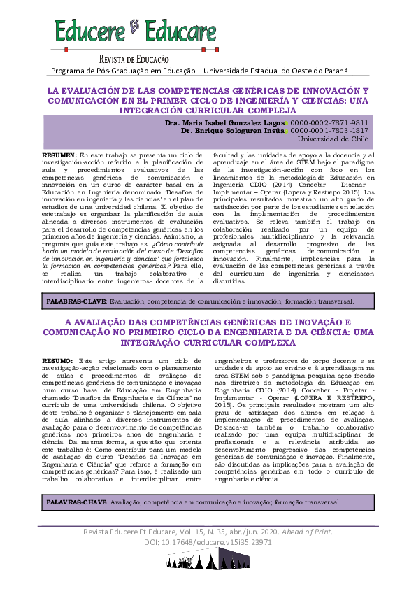 (PDF) La Evaluación De Las Competencias Genéricas De Innovación y Comunicación en El Primer ...