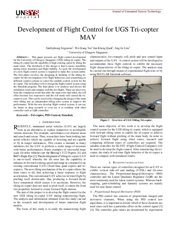 (PDF) Development of flight control for UGS tri-copter MAV