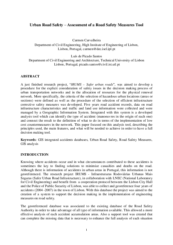 (PDF) Urban Road Safety—Assessment of a Road Safety Measures Tool