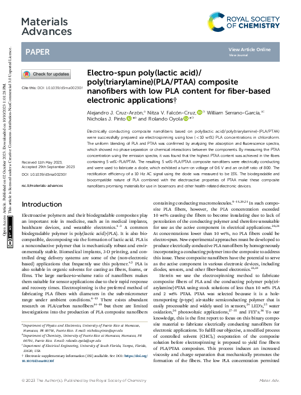 (PDF) Electro-spun poly(lactic acid)/poly(triarylamine)(PLA/PTAA) composite nanofibers with low ...