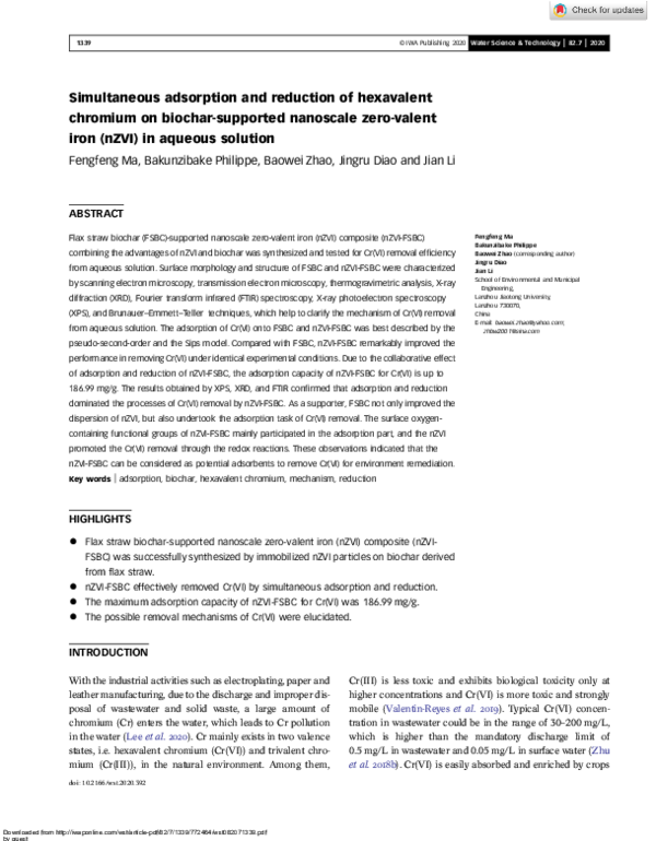 Pdf Simultaneous Adsorption And Reduction Of Hexavalent Chromium On Biochar Supported