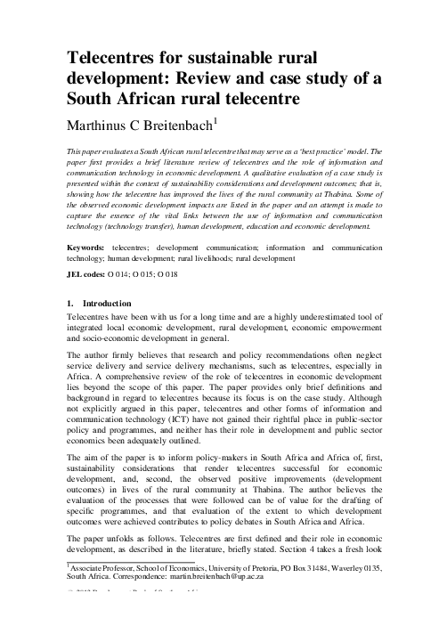 (PDF) Telecentres for sustainable rural development: Review and case ...