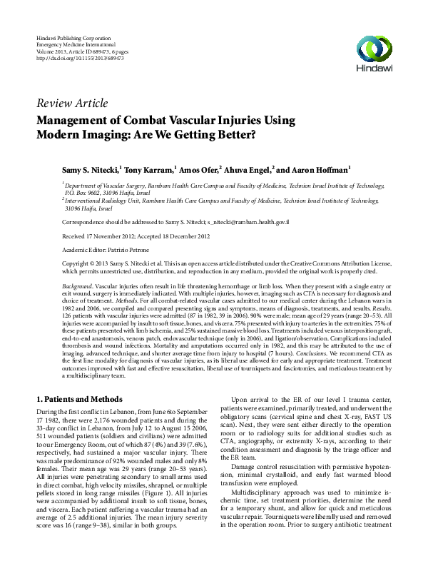 (PDF) Management of Combat Vascular Injuries Using Modern Imaging: Are ...