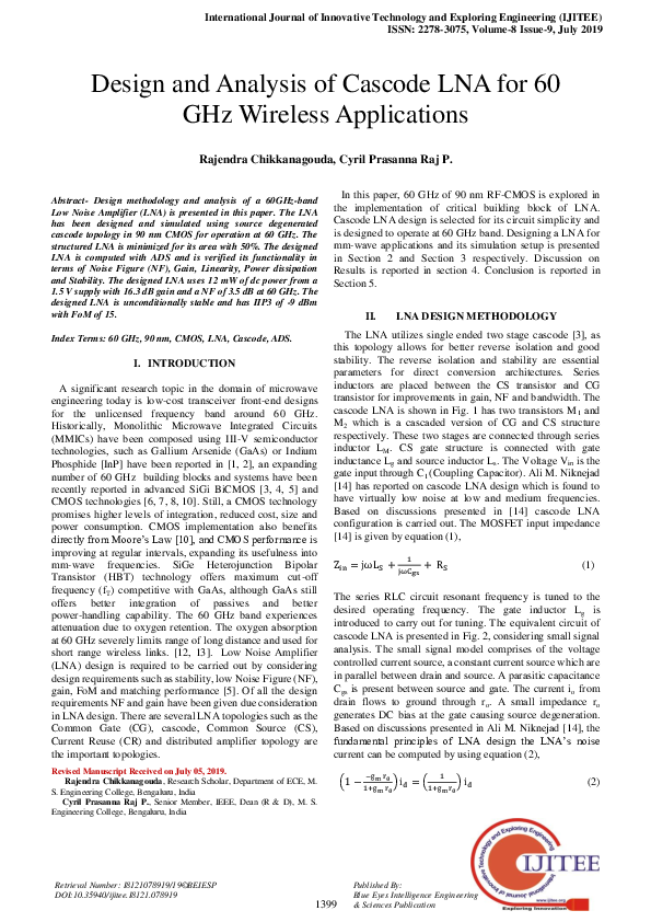(PDF) Design and Analysis of Cascode LNA for 60 GHz Wireless Applications