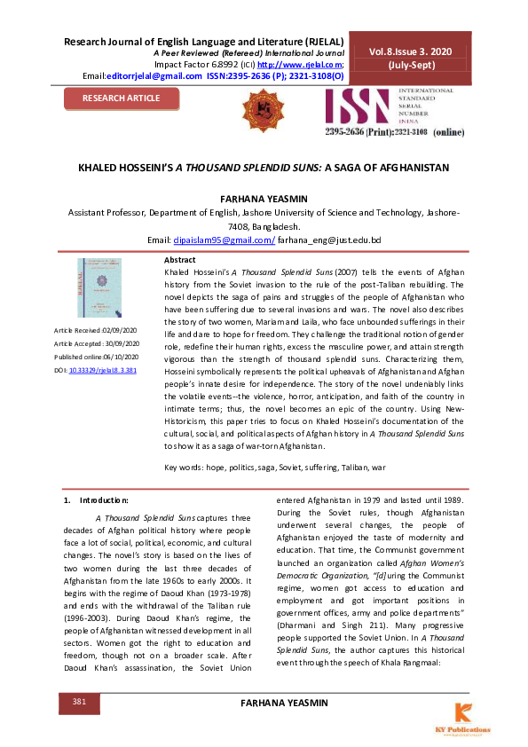 (PDF) KHALED HOSSEINI'S A THOUSAND SPLENDID SUNS: A SAGA OF AFGHANISTAN