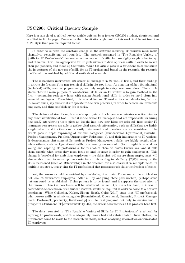 (PDF) CSC290: Critical Review Sample