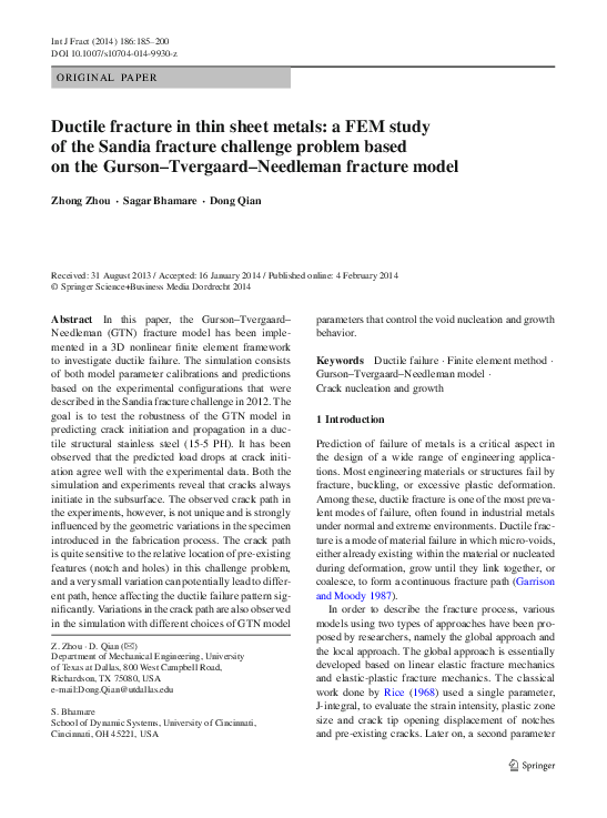 (PDF) Ductile fracture in thin sheet metals: a FEM study of the Sandia fracture challenge ...