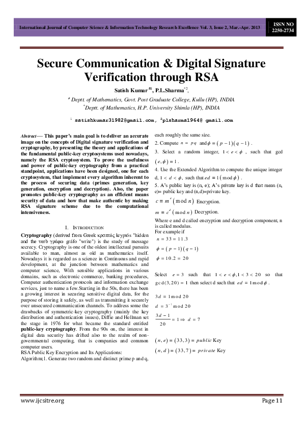 (PDF) Secure Communication & Digital Signature Verification through RSA