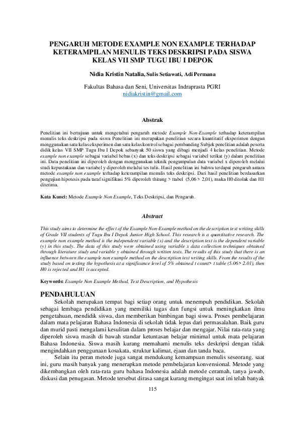 (PDF) PENGARUH METODE EXAMPLE NON EXAMPLE TERHADAP KETERAMPILAN MENULIS TEKS DESKRIPSI PADA ...