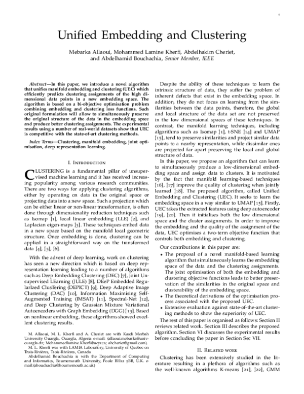 (PDF) Unified Embedding and Clustering | mebarka allaoui - Academia.edu