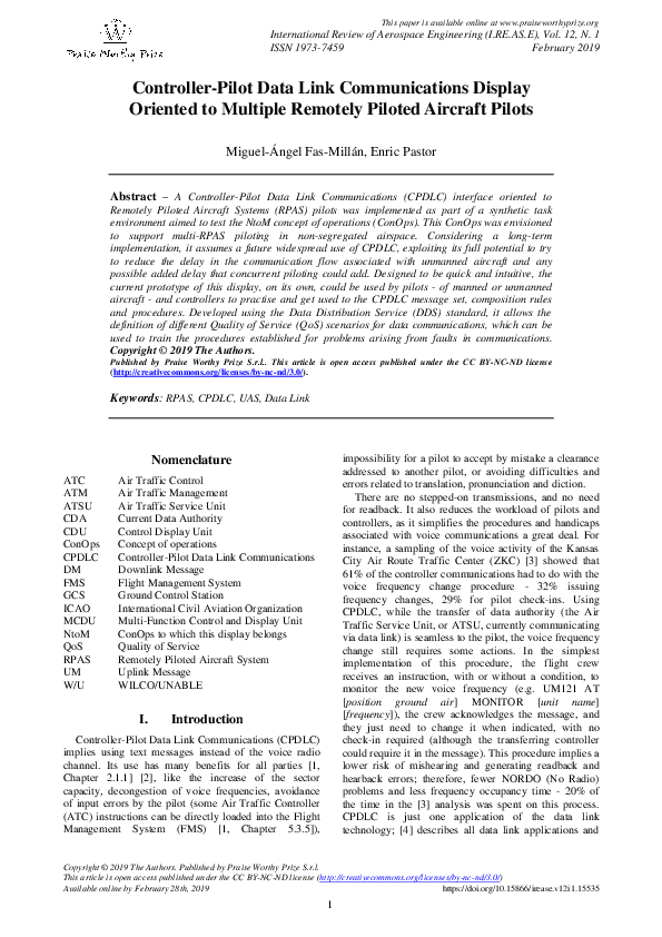(PDF) Controller-Pilot Data Link Communications Display oriented to multiple Remotely Piloted ...