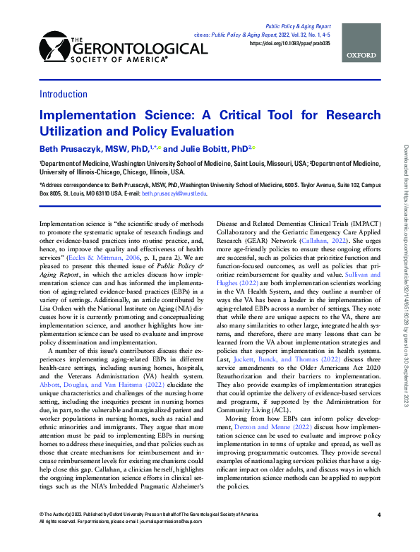 (PDF) Implementation Science: A Critical Tool for Research Utilization and Policy Evaluation