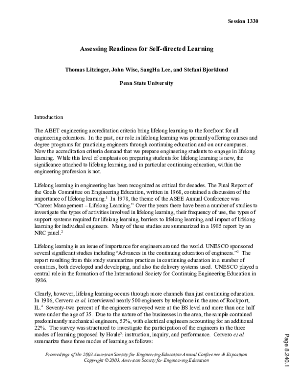 (PDF) Assessing Readiness For Self Directed Learning