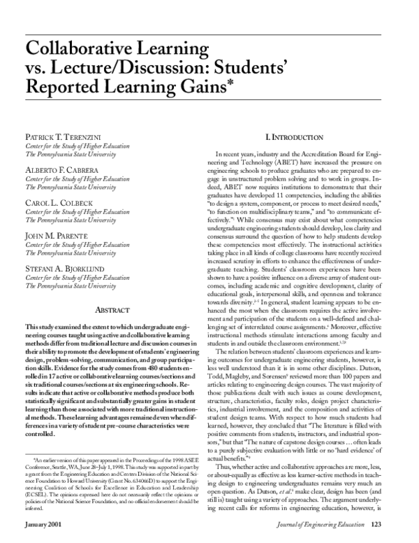 (PDF) Collaborative Learning vs. Lecture/Discussion: Students' Reported ...
