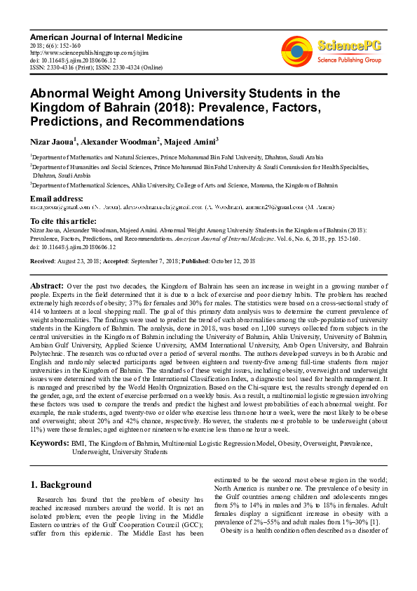 (PDF) Abnormal Weight Among University Students in the Kingdom of ...