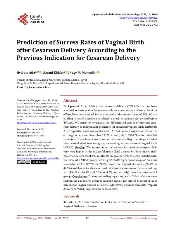 (PDF) Prediction of Success Rates of Vaginal Birth after Cesarean ...