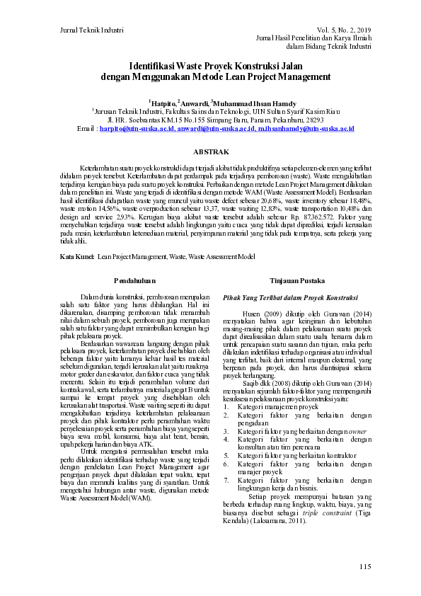 (PDF) Identifikasi Waste Proyek Konstruksi Jalan Dengan Menggunakan Metode Lean Project Management