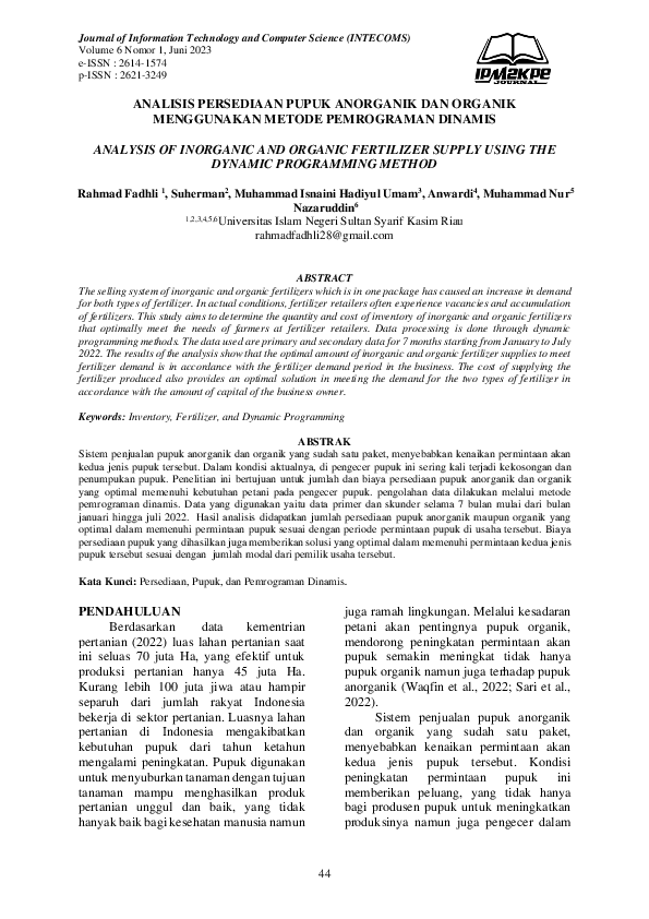 (PDF) Analisis Persediaan Pupuk Anorganik dan Organik Menggunakan Metode Pemrograman Dinamis