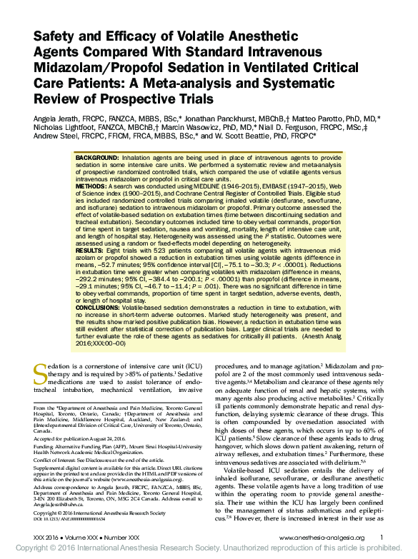 (PDF) Safety and Efficacy of Volatile Anesthetic Agents Compared With ...