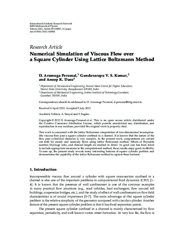 (PDF) Numerical Simulation of Viscous Flow over a Square Cylinder Using Lattice Boltzmann Method