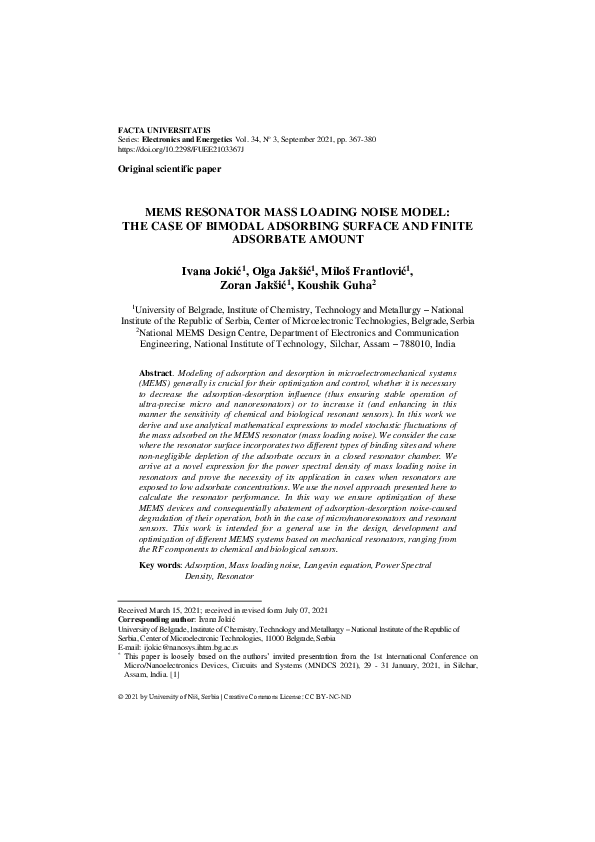 (PDF) MEMS resonator mass loading noise model: The case of bimodal adsorbing surface and finite ...