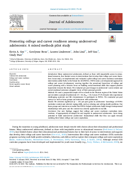 (PDF) Promoting college and career readiness among underserved adolescents: A mixed methods ...