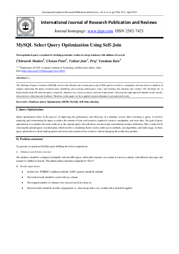 (PDF) MySQL Select Query Optimization Using Self-Join