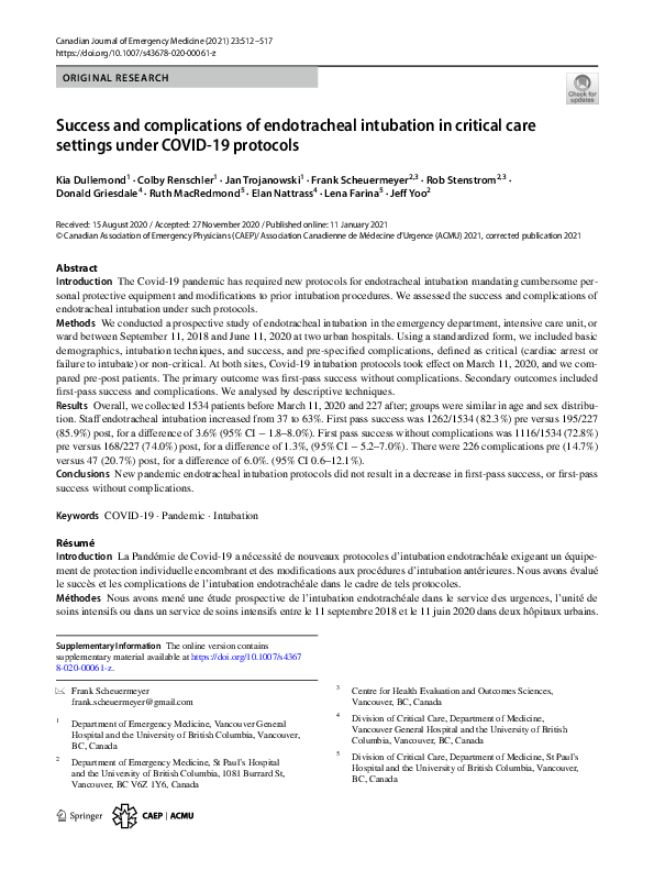 (PDF) Success and complications of endotracheal intubation in critical ...