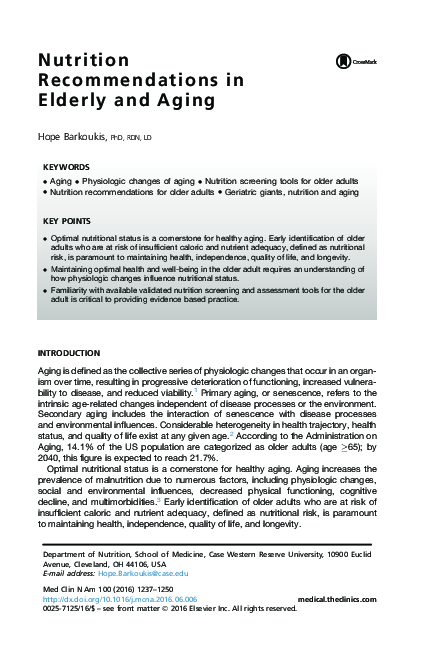 (PDF) Nutrition Recommendations in Elderly and Aging