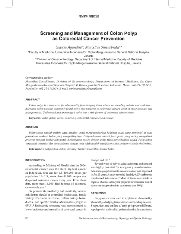(PDF) Screening and Management of Colon Polyp as Colorectal Cancer Prevention