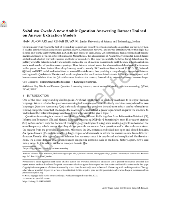 (PDF) So2al-wa-Gwab: A new Arabic Question-Answering Dataset Trained on Answer Extraction Models
