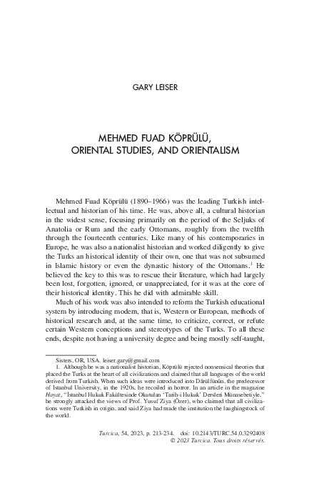 (PDF) MEHMED FUAD KÖPRÜLÜ, ORIENTAL STUDIES, AND ORIENTALISM