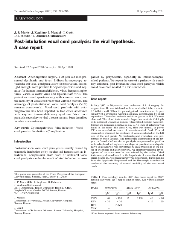 (PDF) Post-intubation vocal cord paralysis: the viral hypothesis. A ...