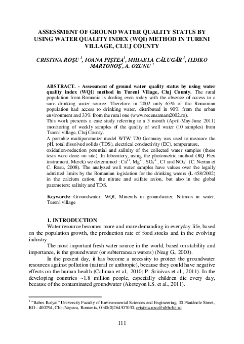 (PDF) Assessment of Ground Water Quality Status by Using Water Quality Index (Wqi) Method in ...