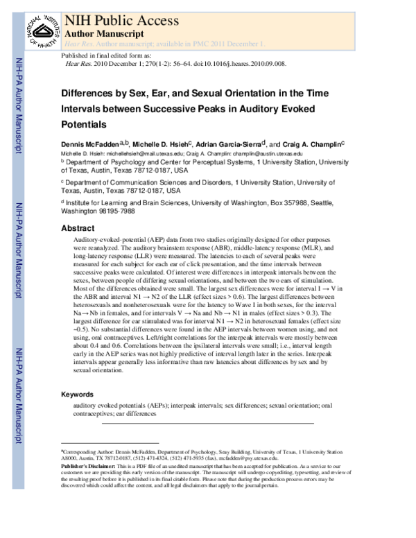 Pdf Differences By Sex Ear And Sexual Orientation In The Time Intervals Between Successive
