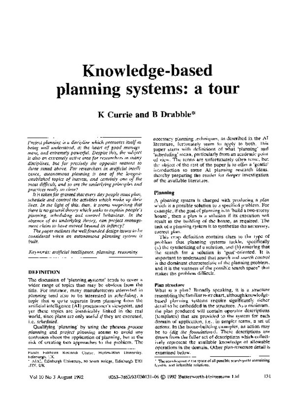 (PDF) Knowledge-based planning systems: a tour