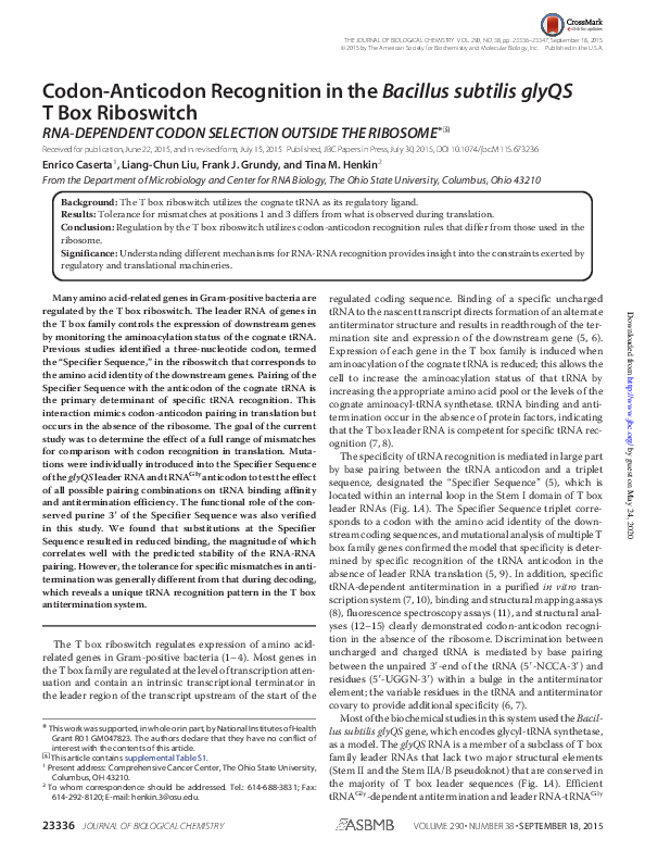 (PDF) Codon-Anticodon Recognition in the Bacillus subtilis glyQS T Box ...