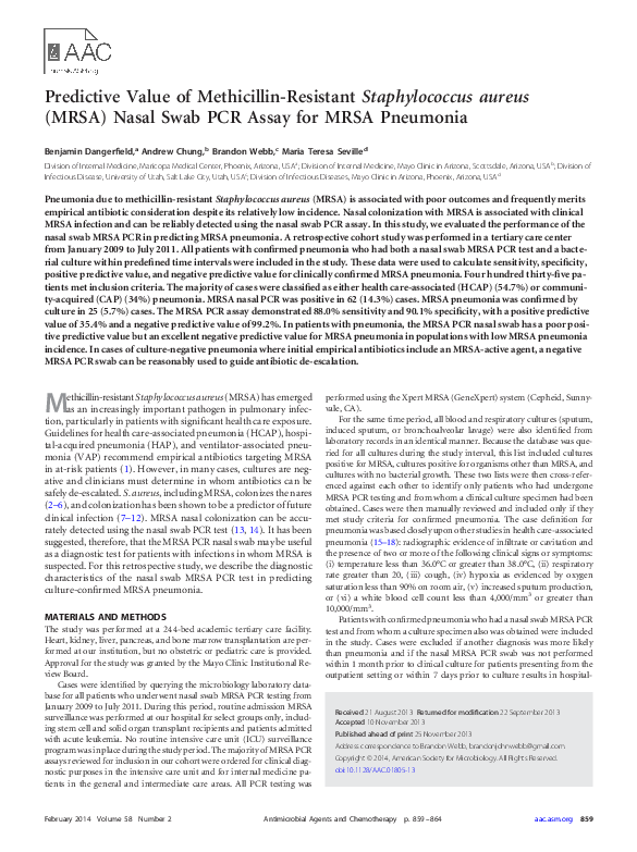 (PDF) Predictive Value of Methicillin-Resistant Staphylococcus aureus (MRSA) Nasal Swab PCR ...
