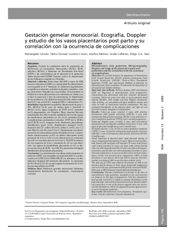 (PDF) Gestación gemelar monocorial: Ecografía, Doppler y estudio de los ...